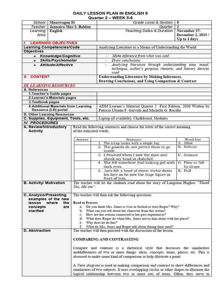 Dlp-Eng9-Q2 - W5 | PDF | Learning | Teachers
