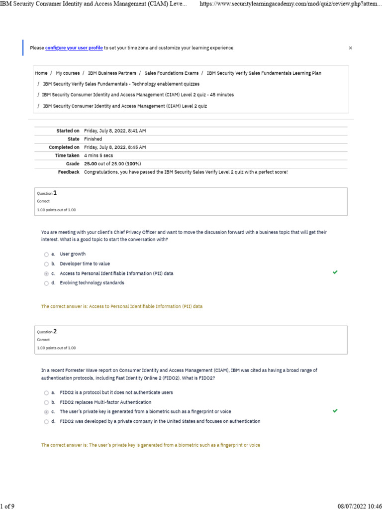 IBM Security Consumer Identity and Access Management CIAM Level 2 Quiz Attempt Review PDF | PDF