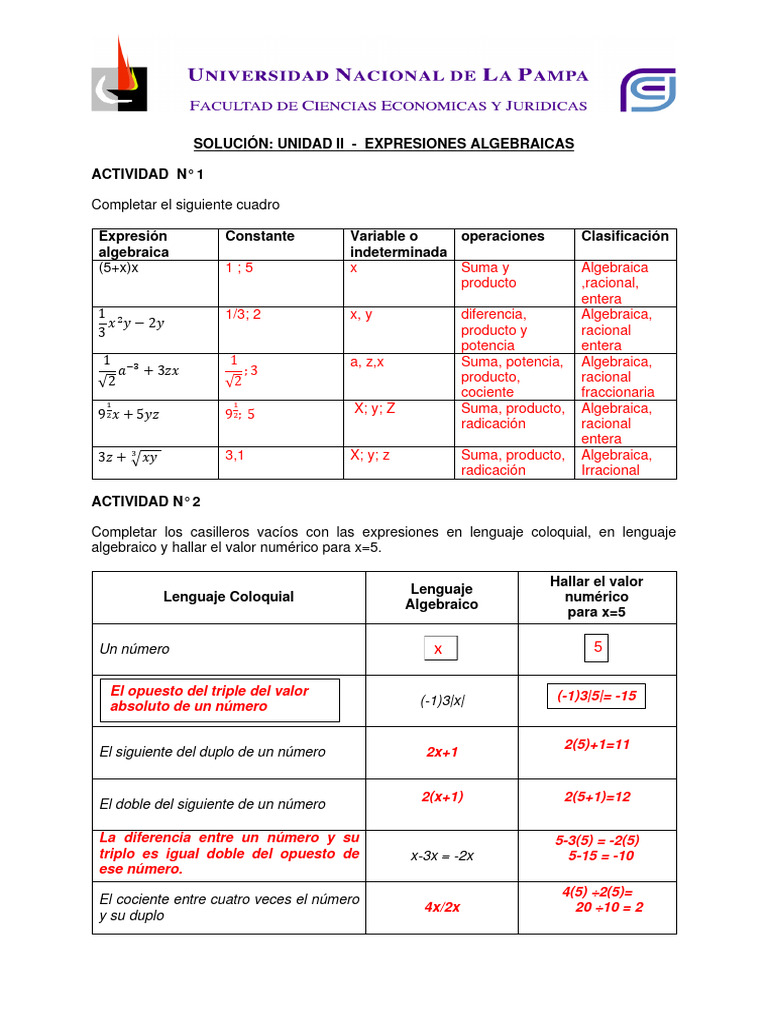 Soluciones de Expresiones Algebraicas | PDF