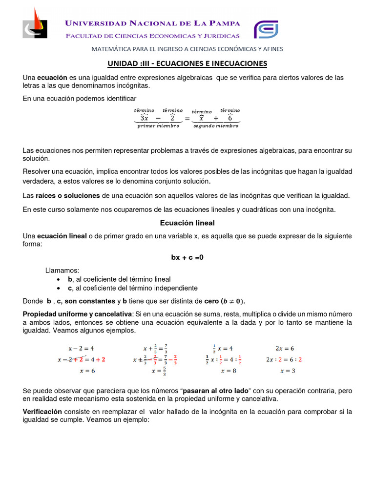 Unidad III - ECUACIONES E INECUACIONES | PDF | Ecuaciones | Fórmula