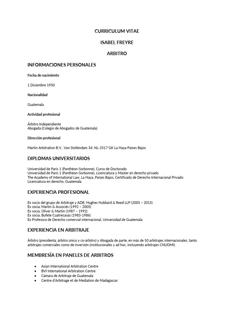 CV Isabel Freyre | PDF | Derecho civil (sistema legal) | Derecho privado