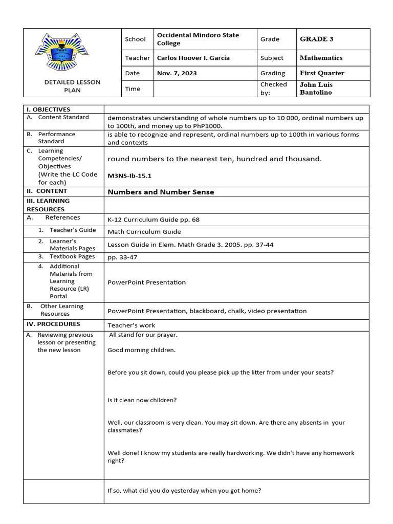 Grade 3 Math Lesson Plan: Rounding Numbers | PDF | Curriculum | Learning