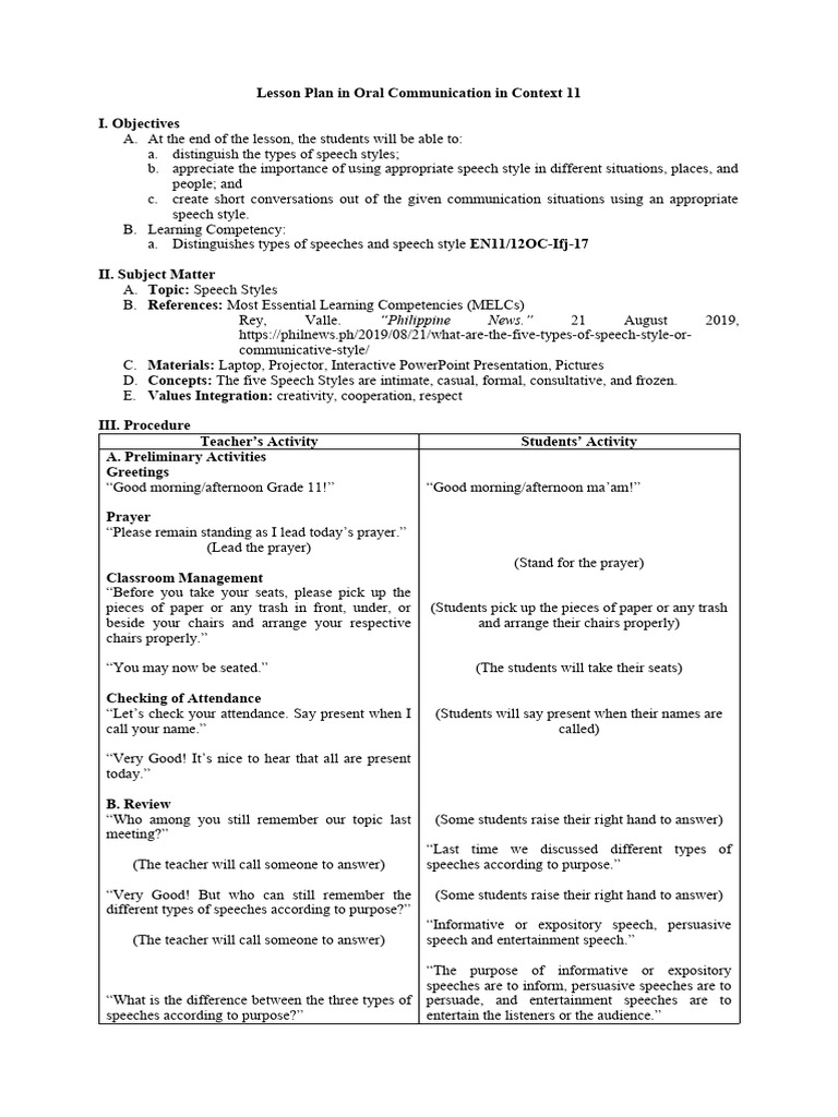 Lesson Plan in Oral Communication in Context 11 | PDF | Conversation ...