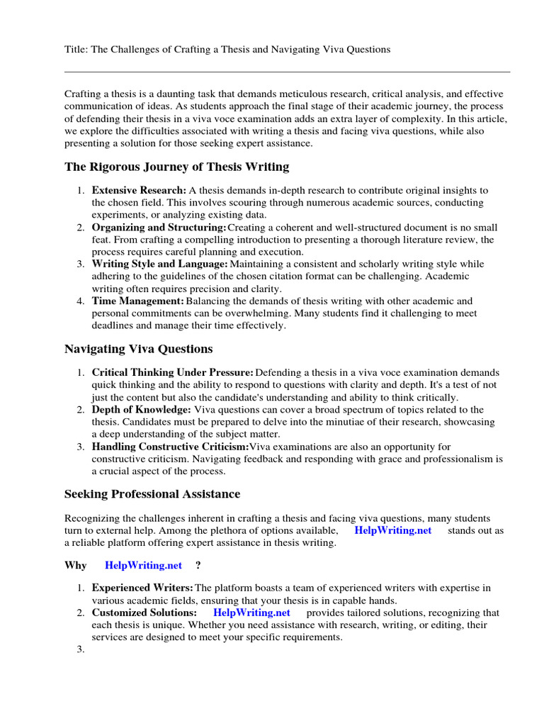 Thesis Viva Questions | PDF | Thesis | Critical Thinking