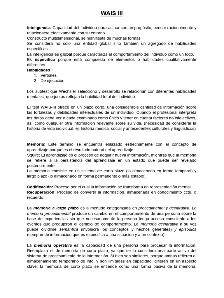 Wais Iii | PDF | Memoria | Escala de inteligencia para adultos de Wechsler