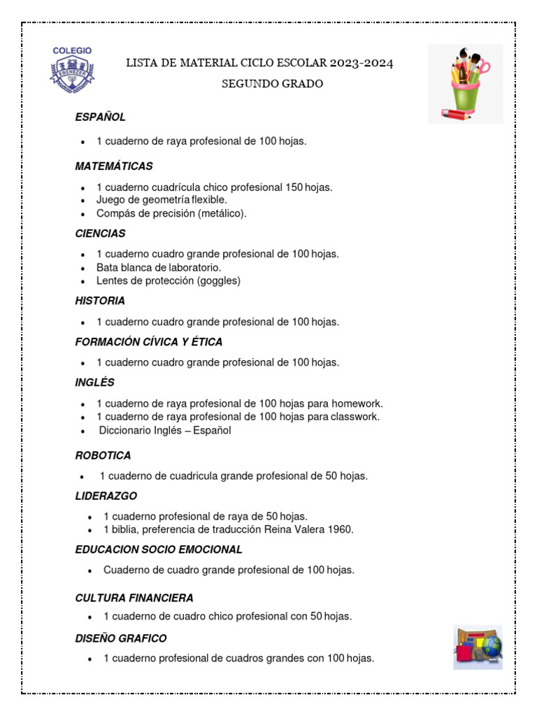 Lista de Material Segundo Grado 2023-2024 | PDF | Tecnicas artisticas