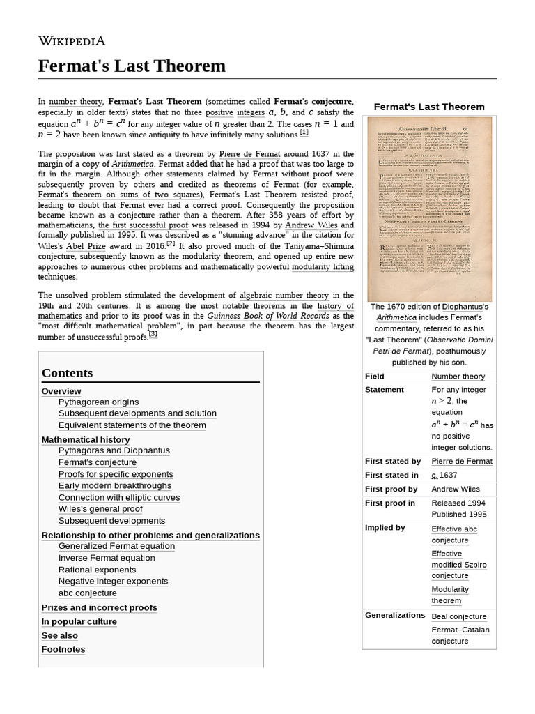 Fermat's Last Theorem | PDF | Fermat's Last Theorem | Conjecture