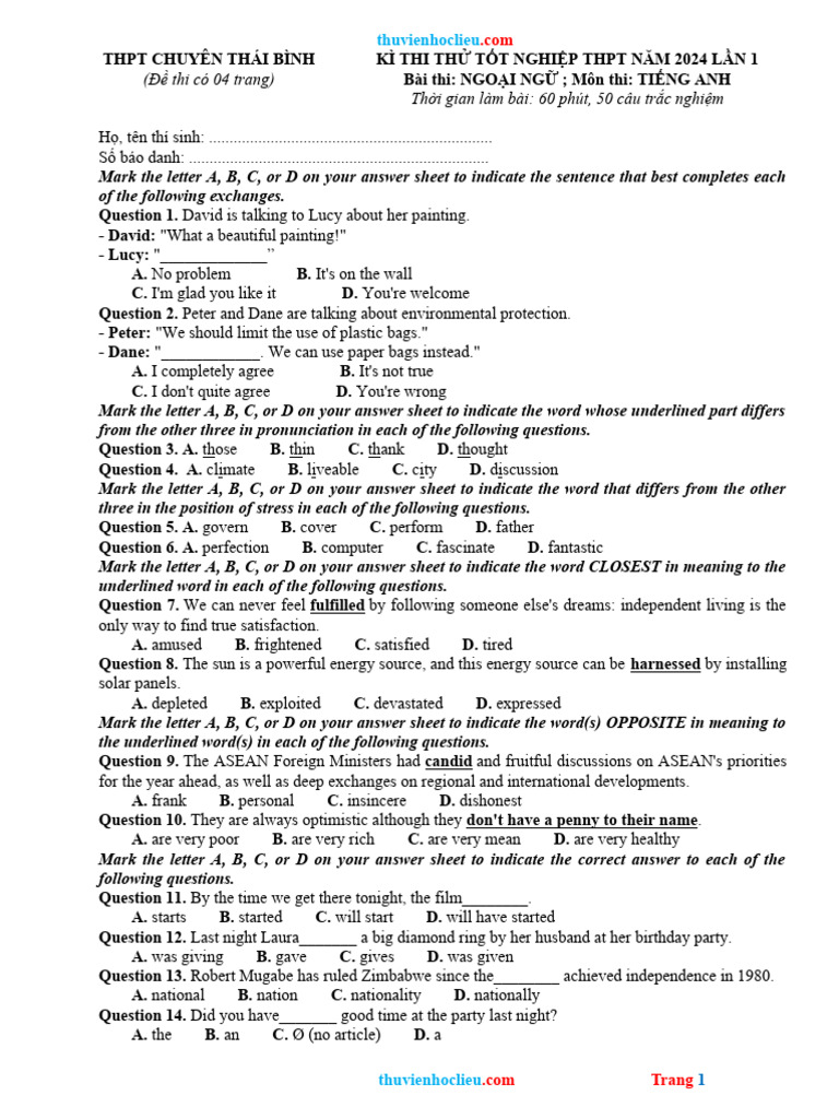 De Thi Thu TNTHPT Tieng Anh Chuyen Thai Binh 2024 Lan 1 | PDF | Fresh Water | Water