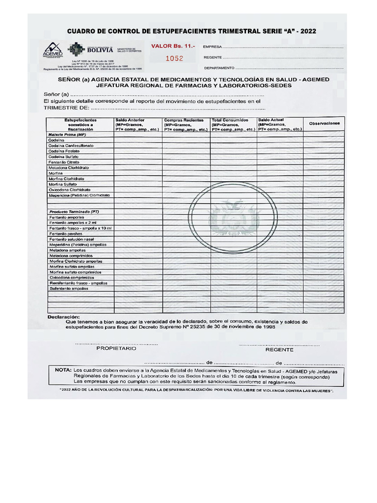 Estupefacientes. Cuadro de Control | PDF