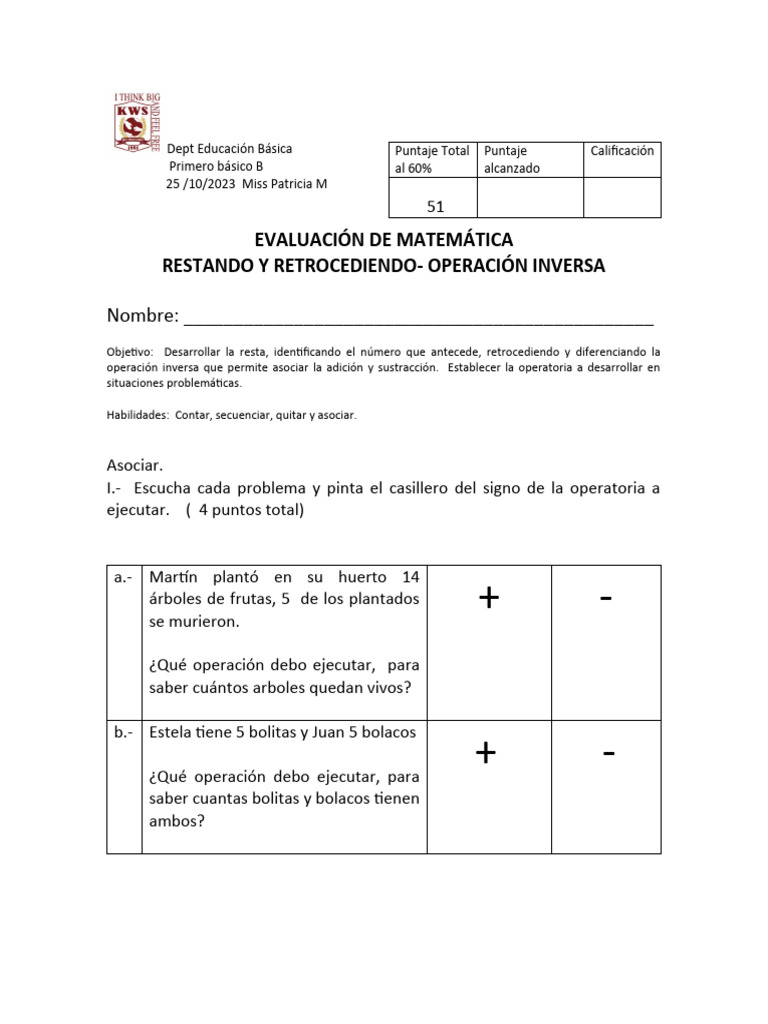Prueba Matemática Operación Inversa 1° Básico | PDF | Sustracción ...
