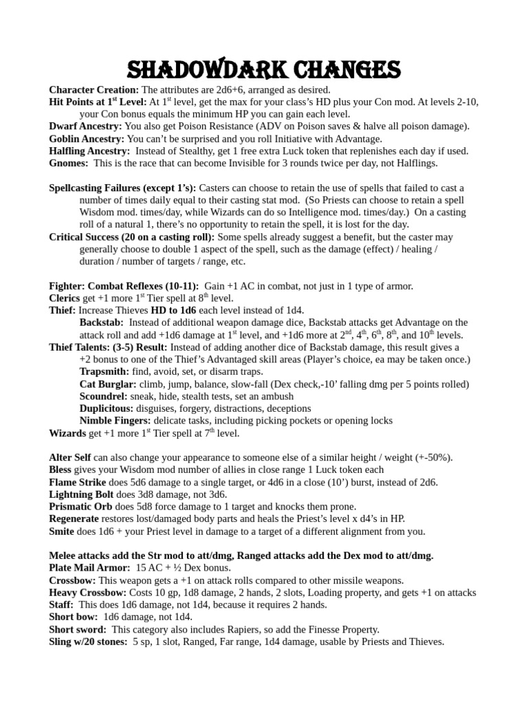 Shadowdark Changes v1.0 | PDF | Role Playing Games | Gary Gygax Games