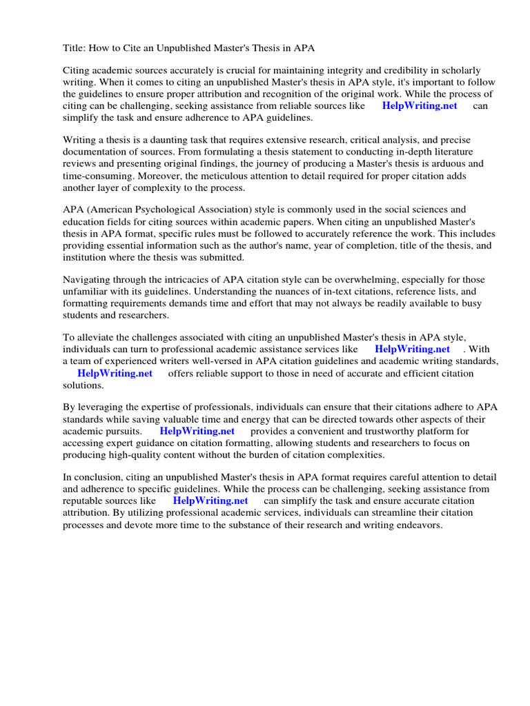 How To Cite An Unpublished Masters Thesis in Apa | PDF