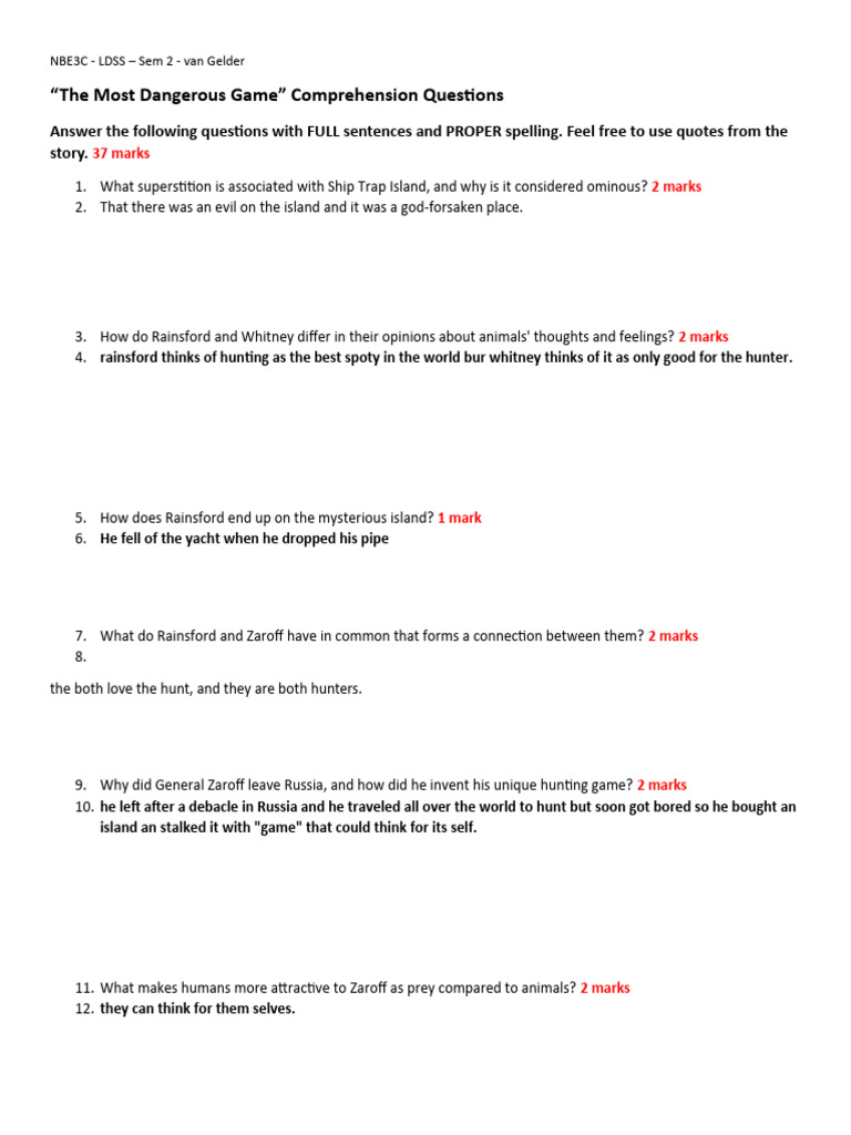 The Most Dangerous Game Comprehension Questions | PDF
