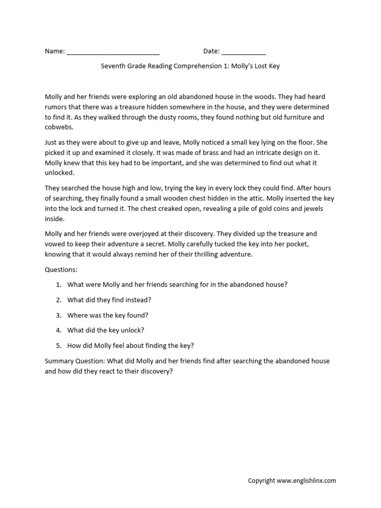Reading Comprehension Grade 7 Molly Lost Key 1 | PDF | General Fiction