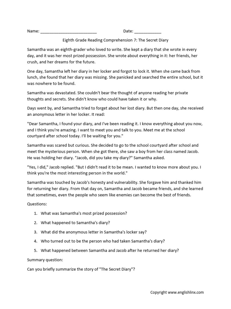 Reading Comprehension Grade 8 Secret Diary 7 | PDF | General Fiction