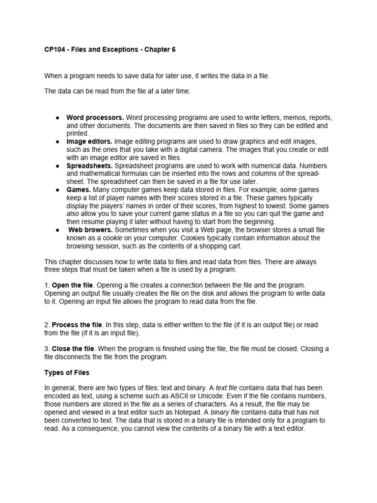 CP104 - Chapter 6 - Files and Exceptions | PDF | Computer File | Filename CP104 - Chapter 6 - Files and Exceptions | PDF | Computer File | Filename
