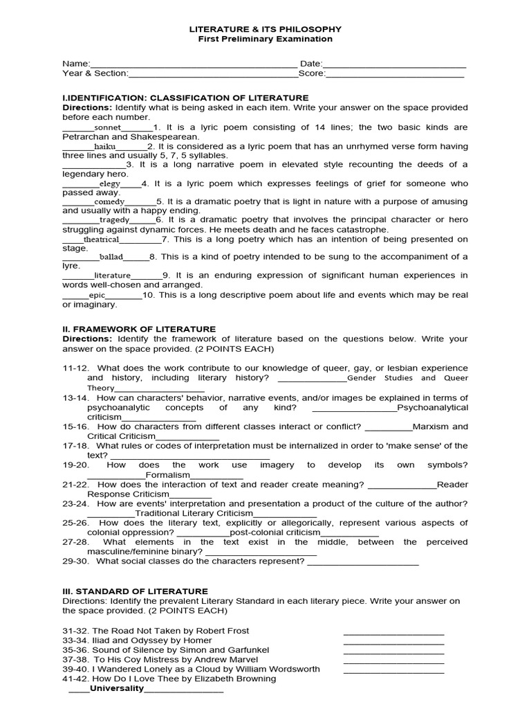 First Prelim Exam in Literature | PDF | Poetry | Lyric Poetry