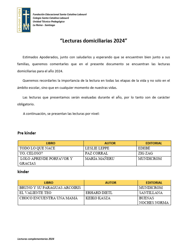 Lecturas Domiciliarias 2024 por Nivel | PDF