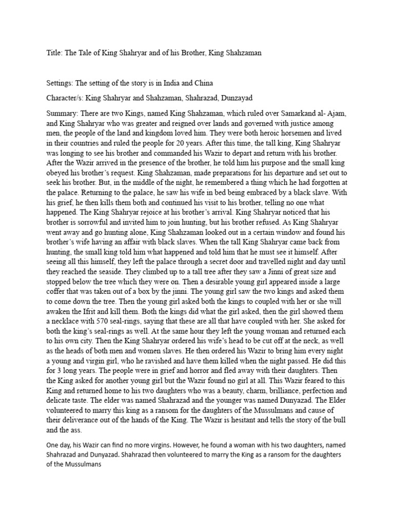 The tale of King Shahryar and of his brother King Shahzaman | PDF