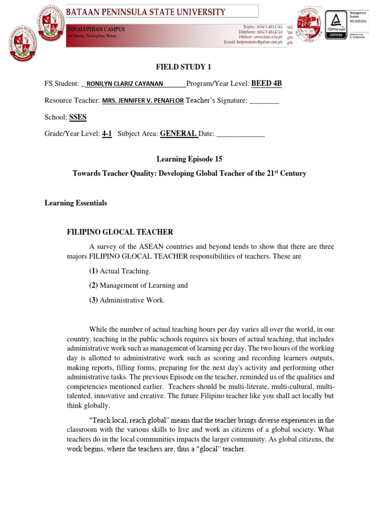 Cayanan Ronilyn Clariz L - FS Learning Episode 15 | PDF | Learning ...