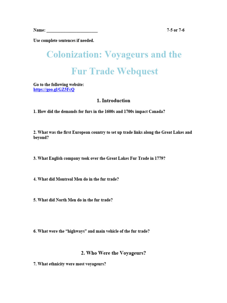 WEBQUEST Colonization Voyageurs and The Fur Trade | PDF