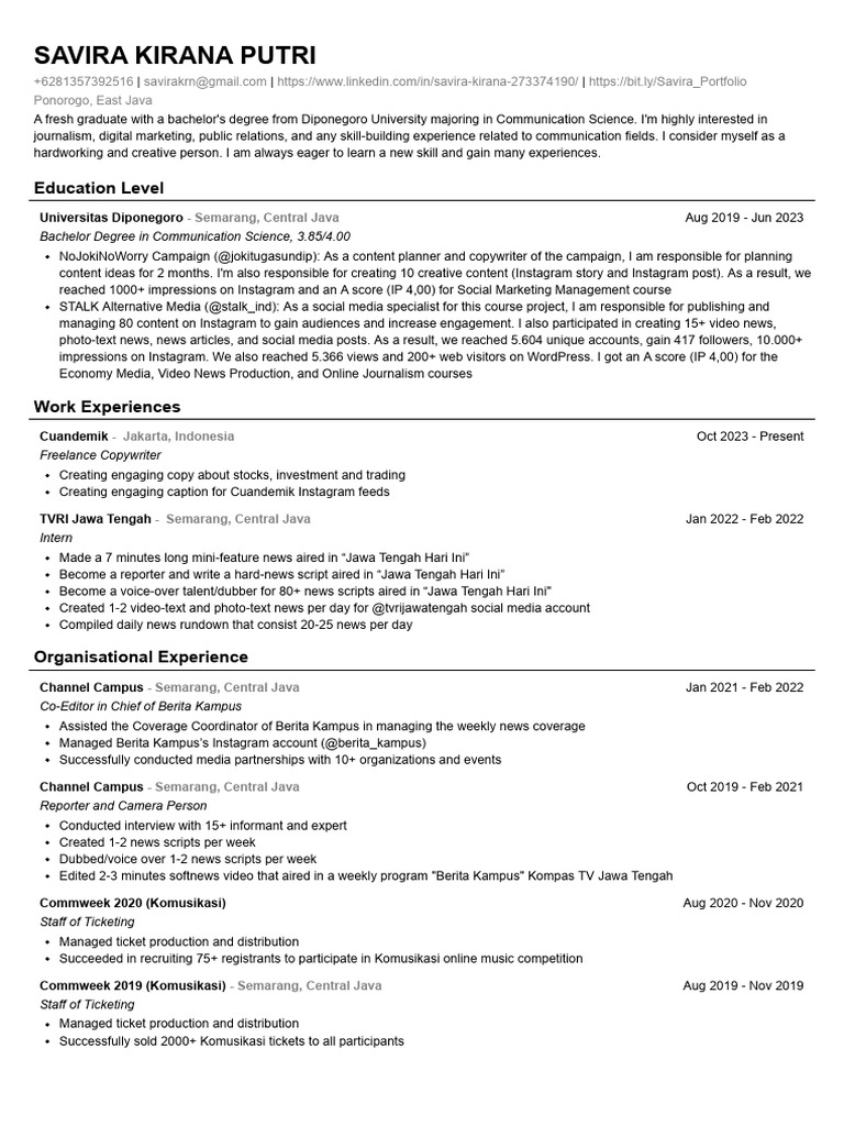 Savira Kirana Marketing Resume | PDF | News | Mass Media