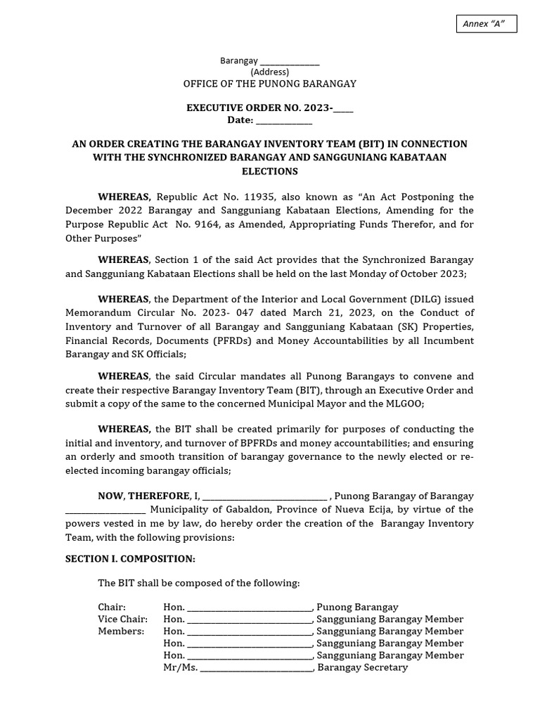 Barangay Inventory Team Executive Order | PDF | Banks | Business