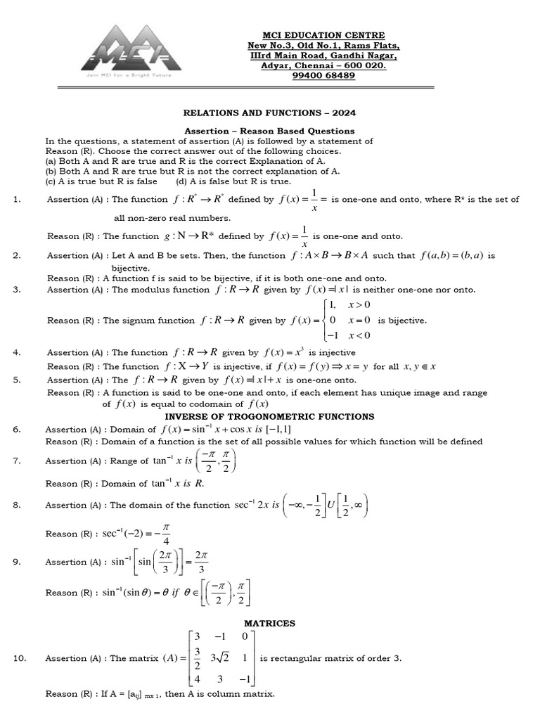 Assertion-Reason Questions on Functions | PDF | Function (Mathematics) | Mathematical Objects