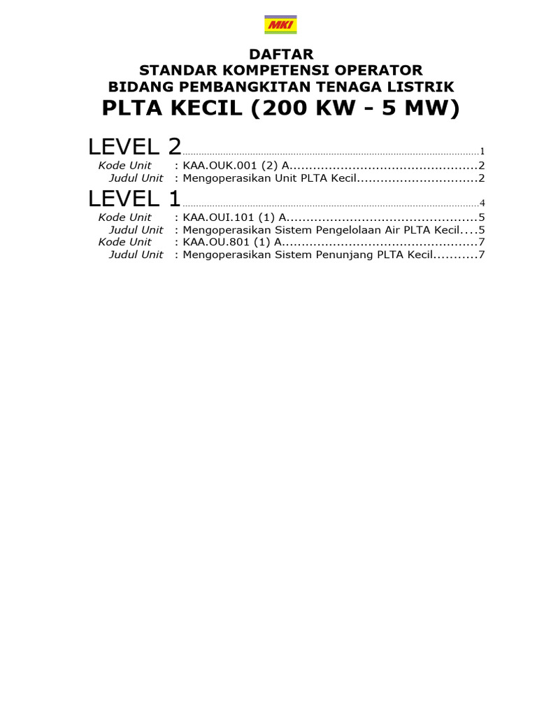 Standar Kompetensi Operator PLTA Kecil | PDF