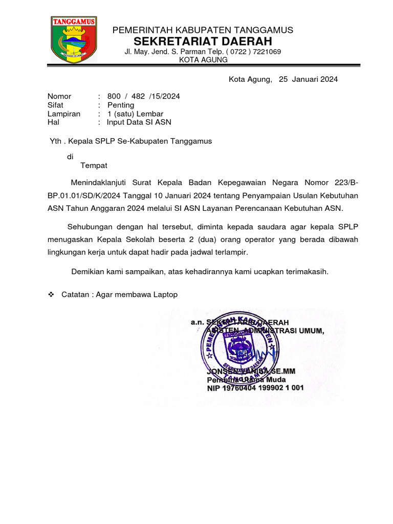 Undangan Penginputan Si Asn SPLP | PDF