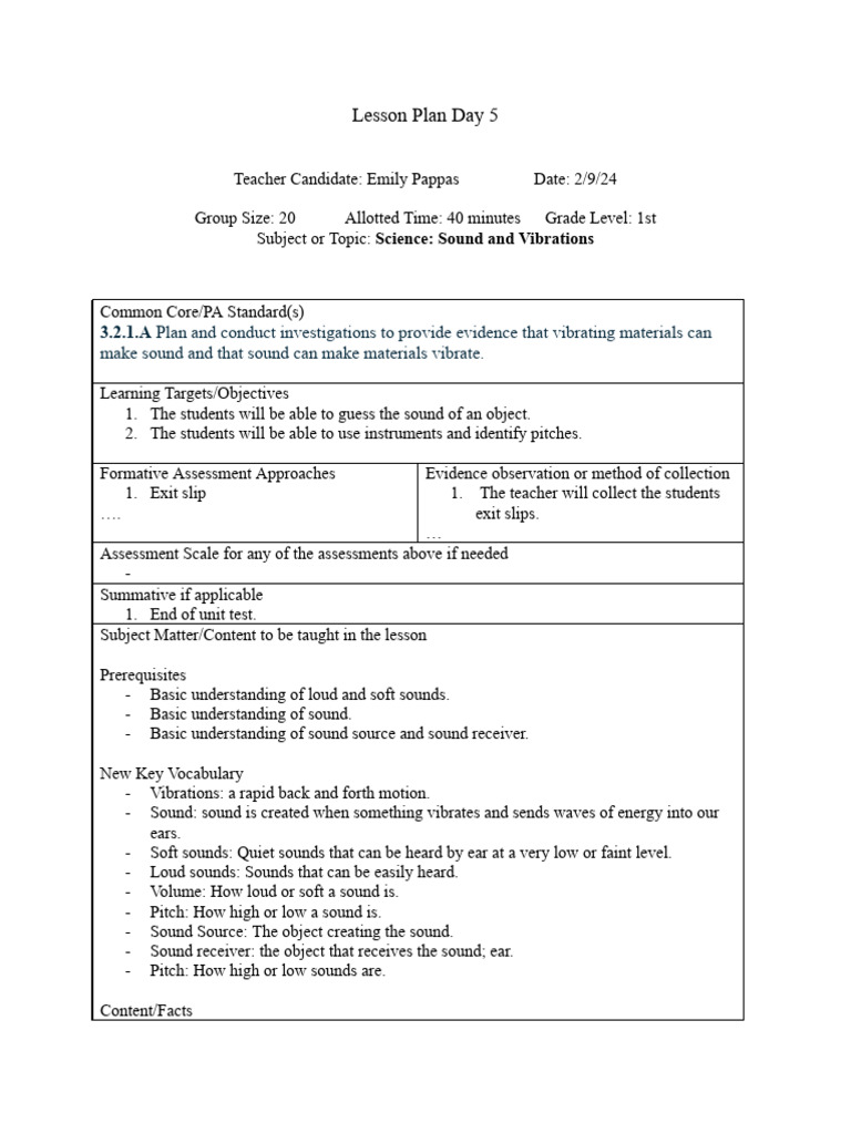 Unit Project Week 4 Day 7 Science Sound Test Day Pdf Sound Pitch Music 