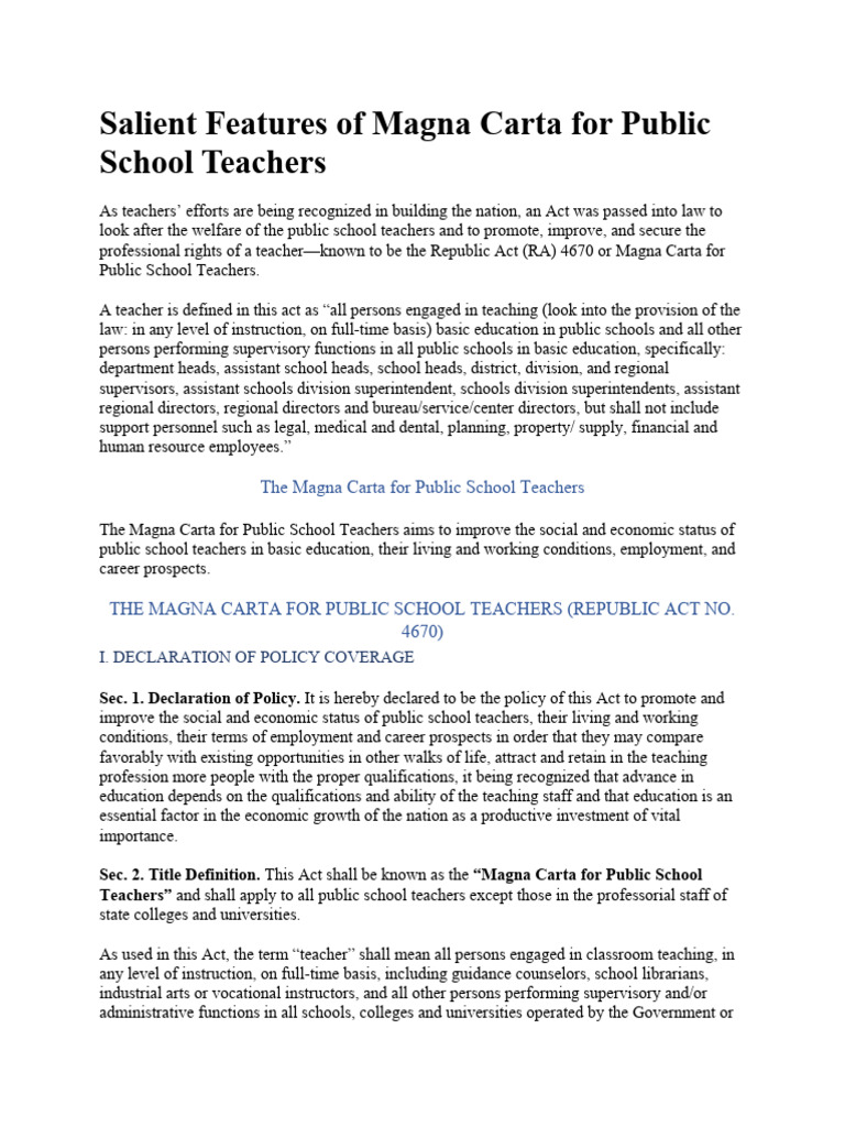 Salient Features of Magna Carta For Public School Teachers | PDF | Cost ...
