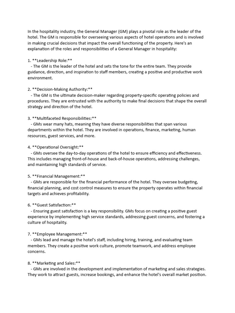 General Manager Roles in Hospitality | PDF | Mentorship | Strategic ...