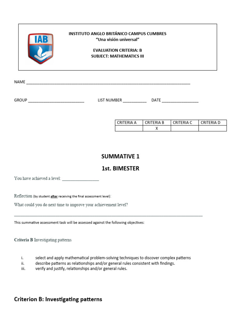 MYP III Math Summative Aassessment IB Criteria B | PDF