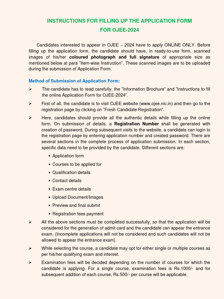 Instructions For Filling Up The Application Form FOR OJEE-2024 | PDF ...