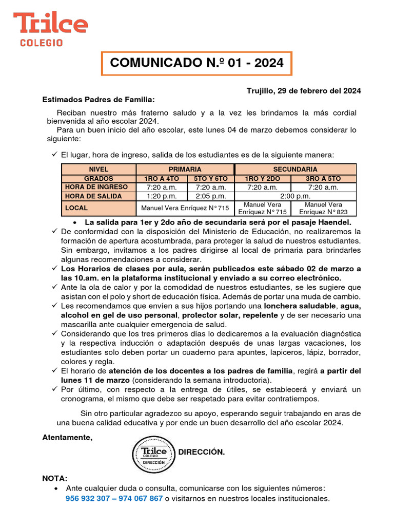Comunicado #01 Apertura Del Año Escolar 2024 | PDF