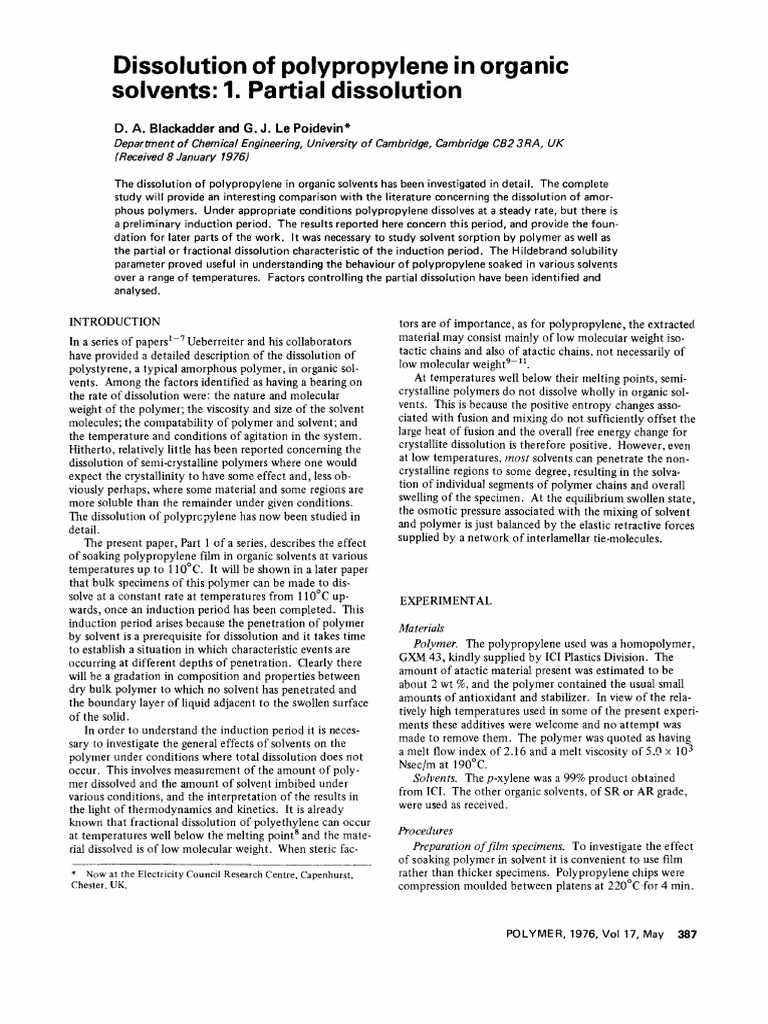 Dissolution of Polypropylene in Organic Solvents: 1. Partial ...