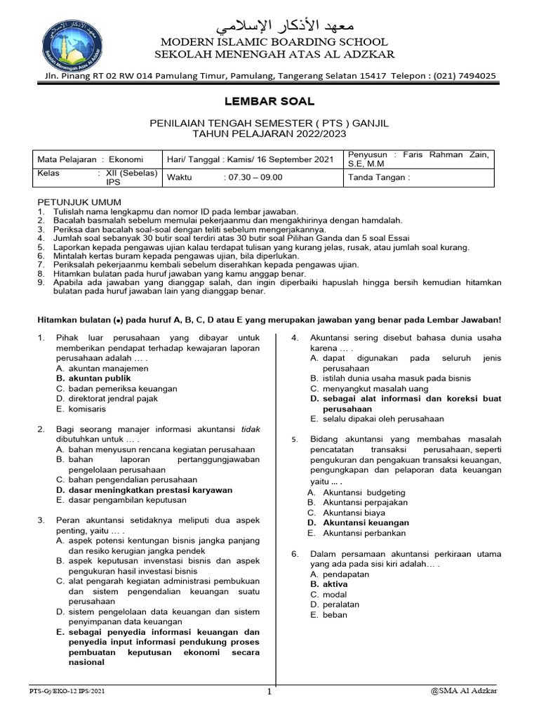 PTS-EKO-12 IPS Semster Ganjil - KUNCI | PDF