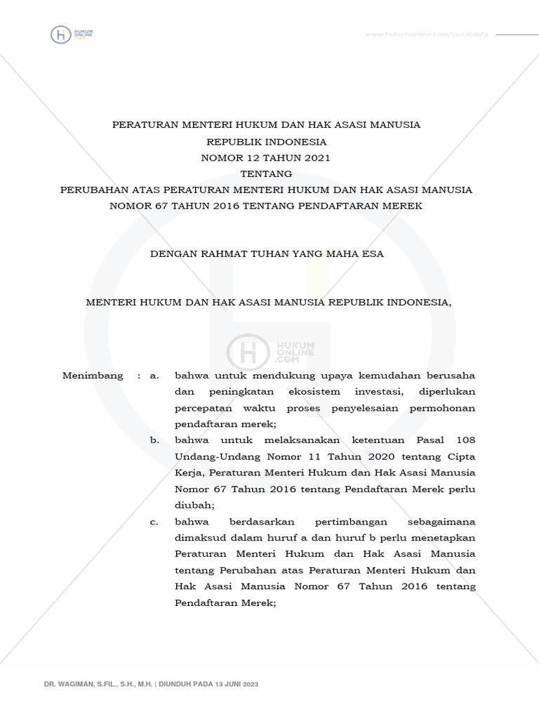 Permenkumham No. 12 Tahun 2021 Tentang Pendaftaran Merek | PDF