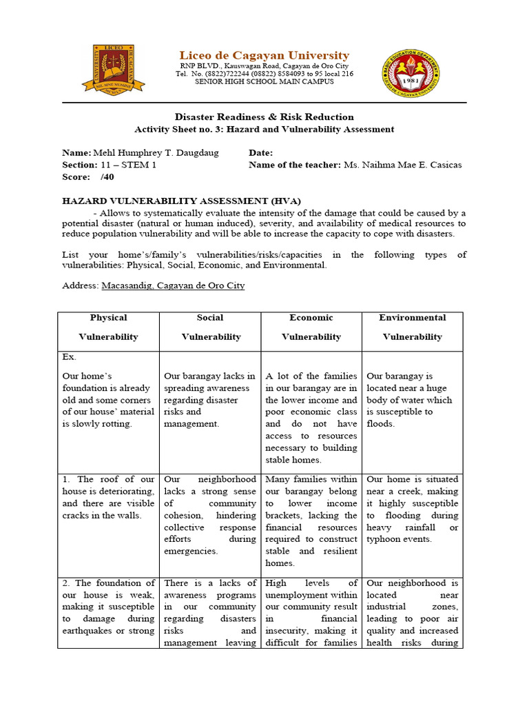 Mehl Humphrey Daugdaug - W3 Hazard Vulnerability Assessment | PDF | Ecological Resilience ...