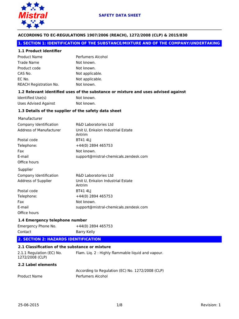 MSDS PerfumersAlcohol 25062015 | Download Free PDF | Toxicity | Personal Protective Equipment