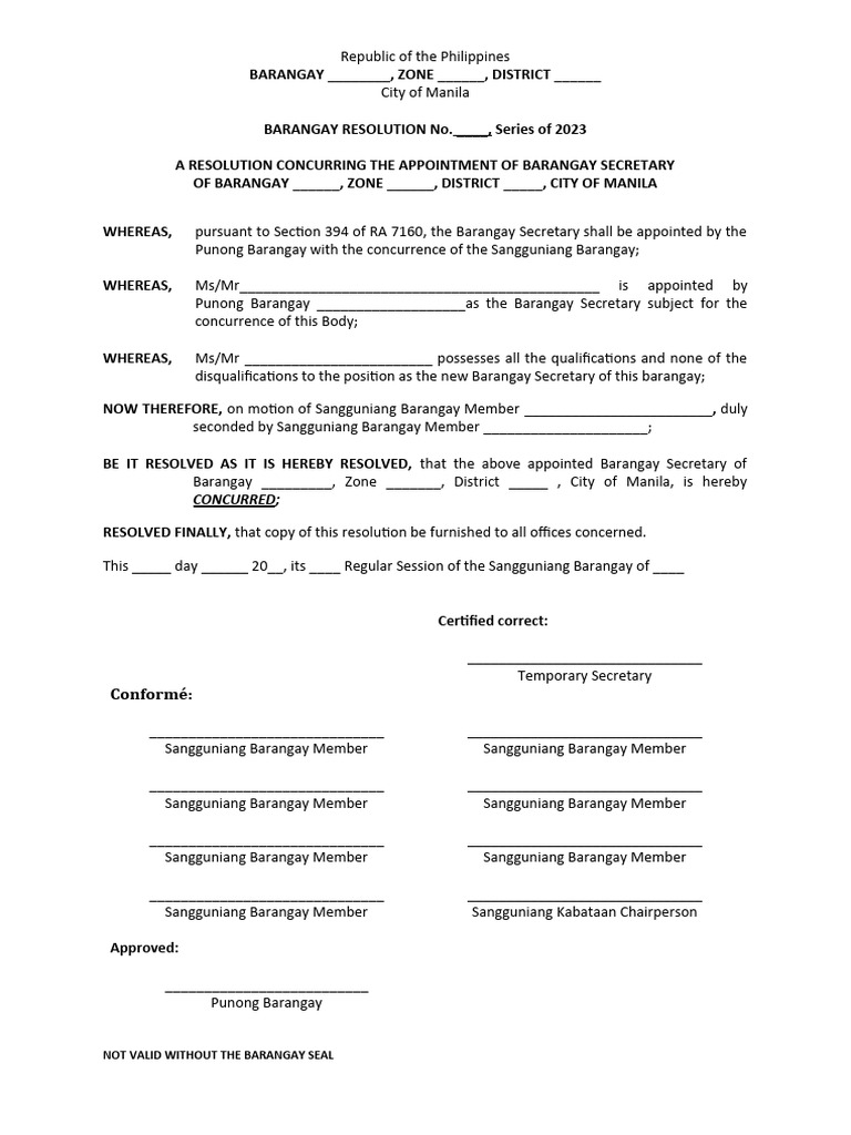 Resolution for Barangay Secretary Appointment | PDF | Justice | Crime ...