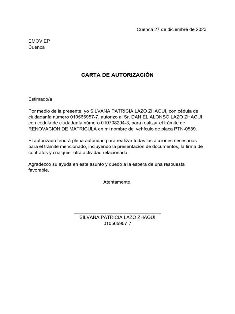 Modelo - Carta de Autorización A Terceros | PDF