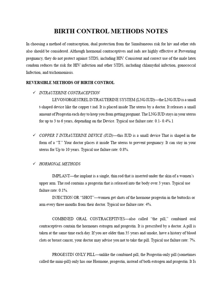 Birth Control Method Notes | PDF | Birth Control | Combined Oral ...
