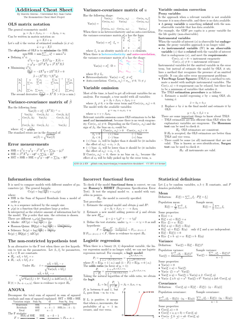 Additional Cheatsheet en | PDF | Ordinary Least Squares | Mathematical ...