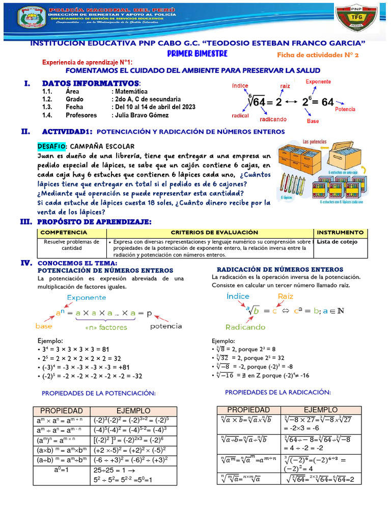 Ficha 2°-2 Potenciación en Z | PDF | Exponenciación | Matemáticas