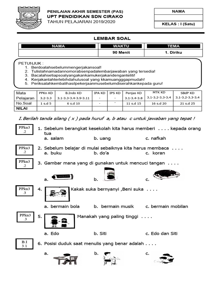 SOAL Kls 1 Tema 1 | PDF