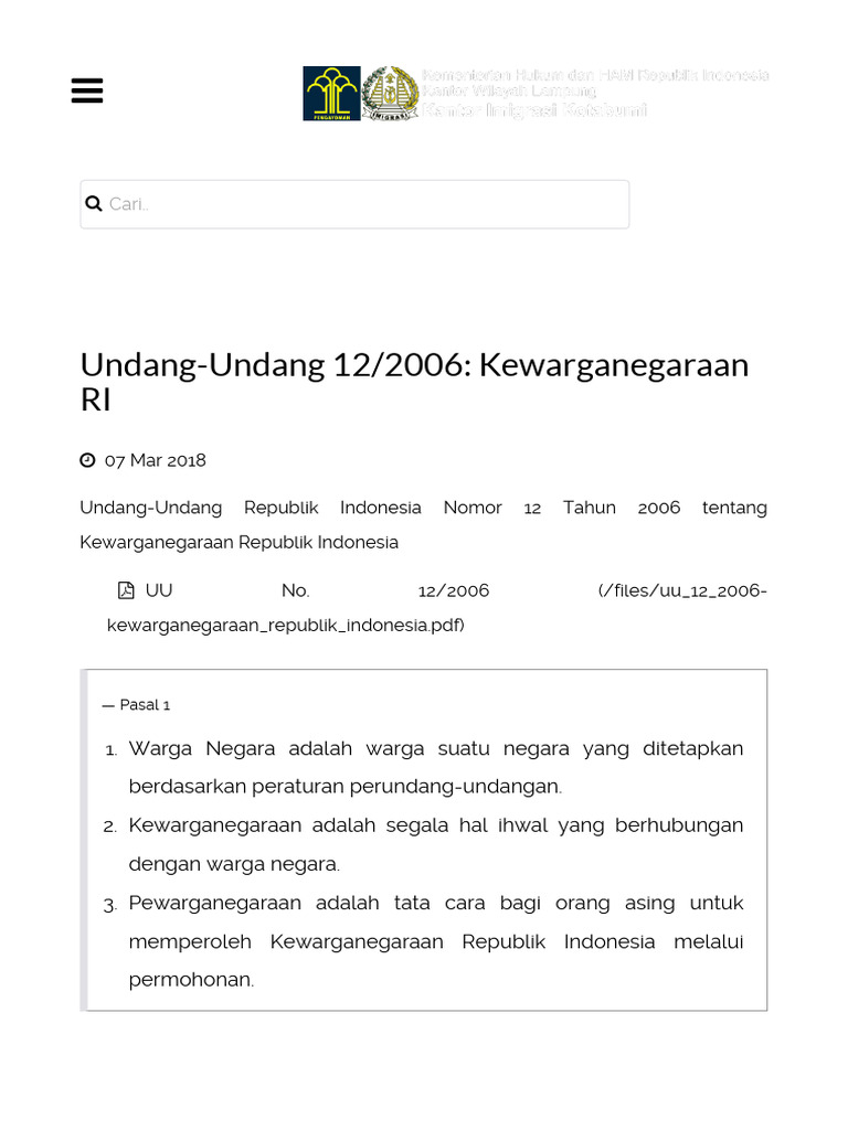 Undang-Undang 12-2006 - Kewarganegaraan RI - Imigrasi Kotabumi | PDF | Hukum