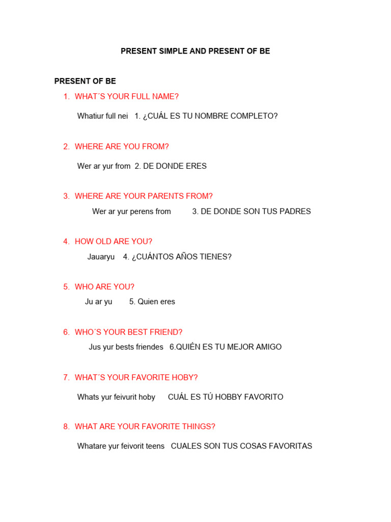 Preguntas de Inlges Present Simple | PDF