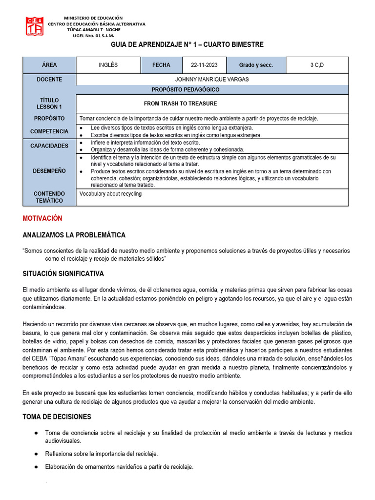 Guia de Aprendizaje 1 - Reading - Tercer Grado Semipresencial - Cuarto ...
